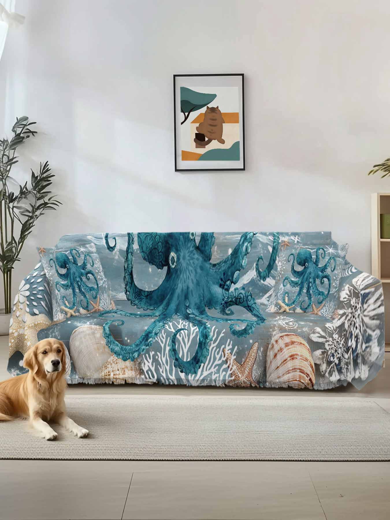 Blue Octopus Coastal Couch Cover for 2 Cushion Sofa, Summer Beach Ocean ...