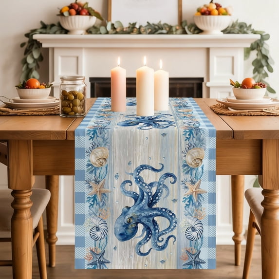 Blue Octopus Coastal Dining Table Runner, Summer Starfish Beach Coral ...