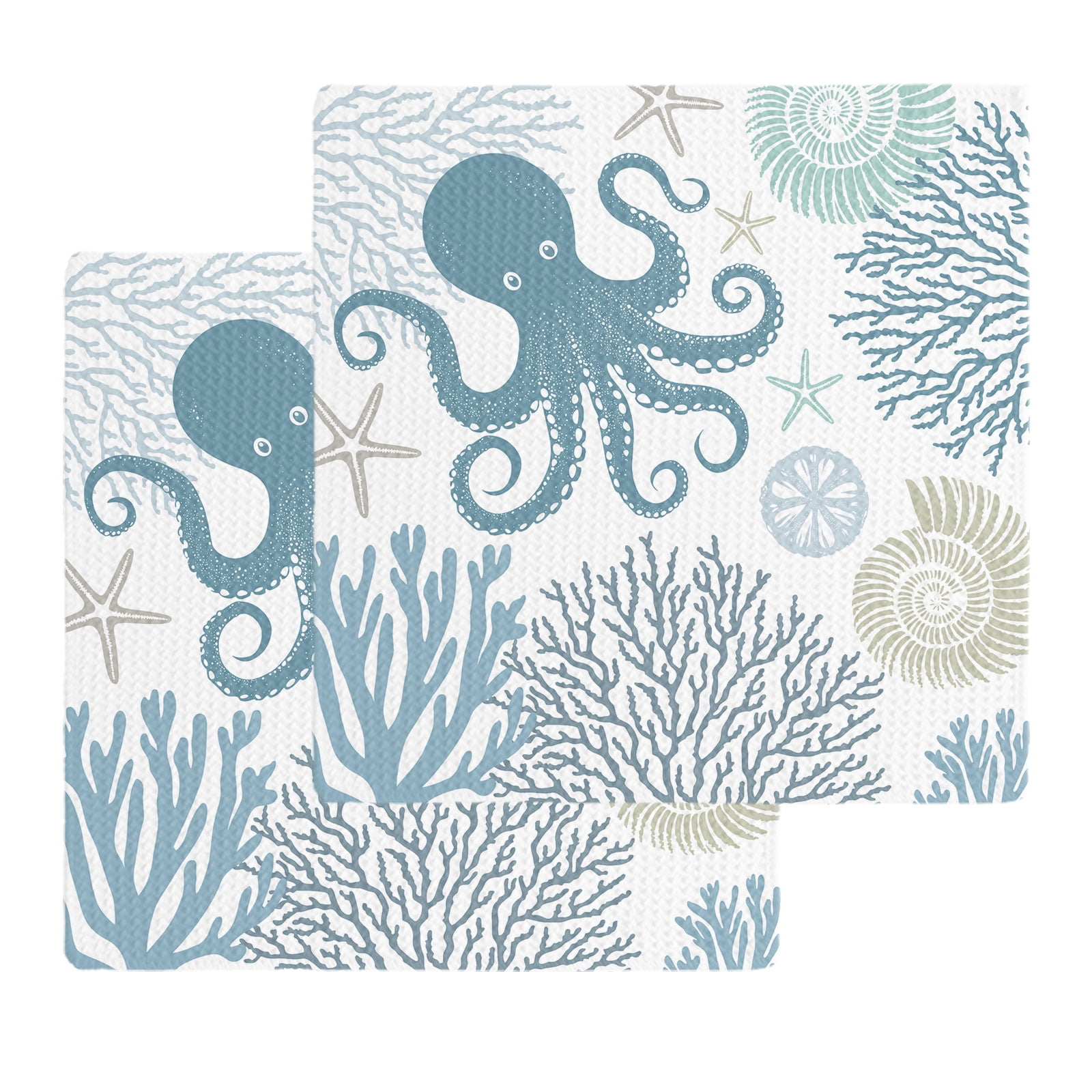 Blue Octopus Coastal Dish Towels Set, Waffle Weave Kitchen Towels 2 ...