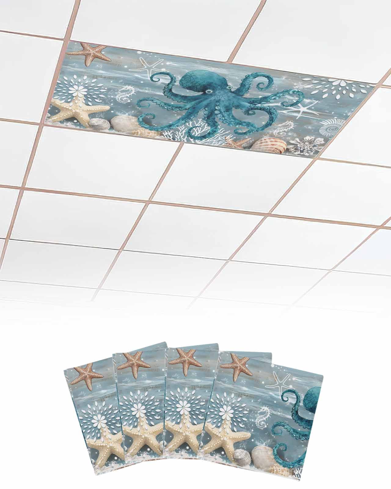 Blue Octopus Coastal Fluorescent Light Covers for Ceiling Lights 4x2 ...