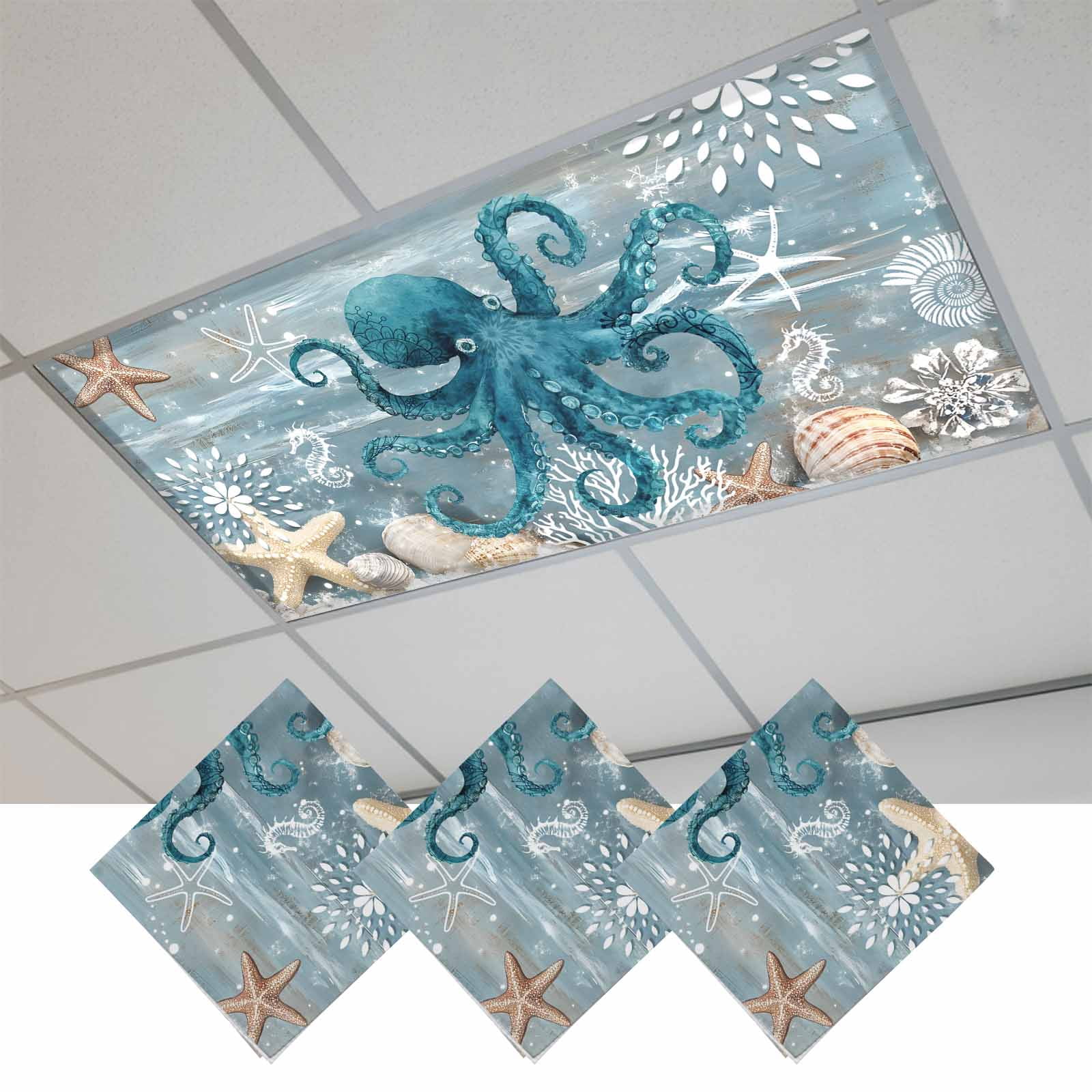 Blue Octopus Coastal Fluorescent Light Covers, Summer Beach Ocean ...
