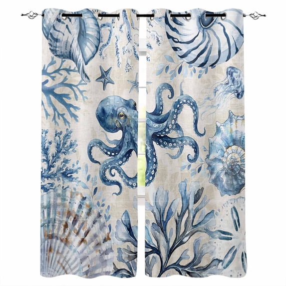 Blue Octopus Coastal Kitchen Curtains Summer Beach Coral Conch Shell ...