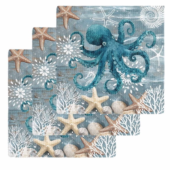 Blue Octopus Coastal Kitchen Dish Towels for Drying Dishes Set of 3 ...