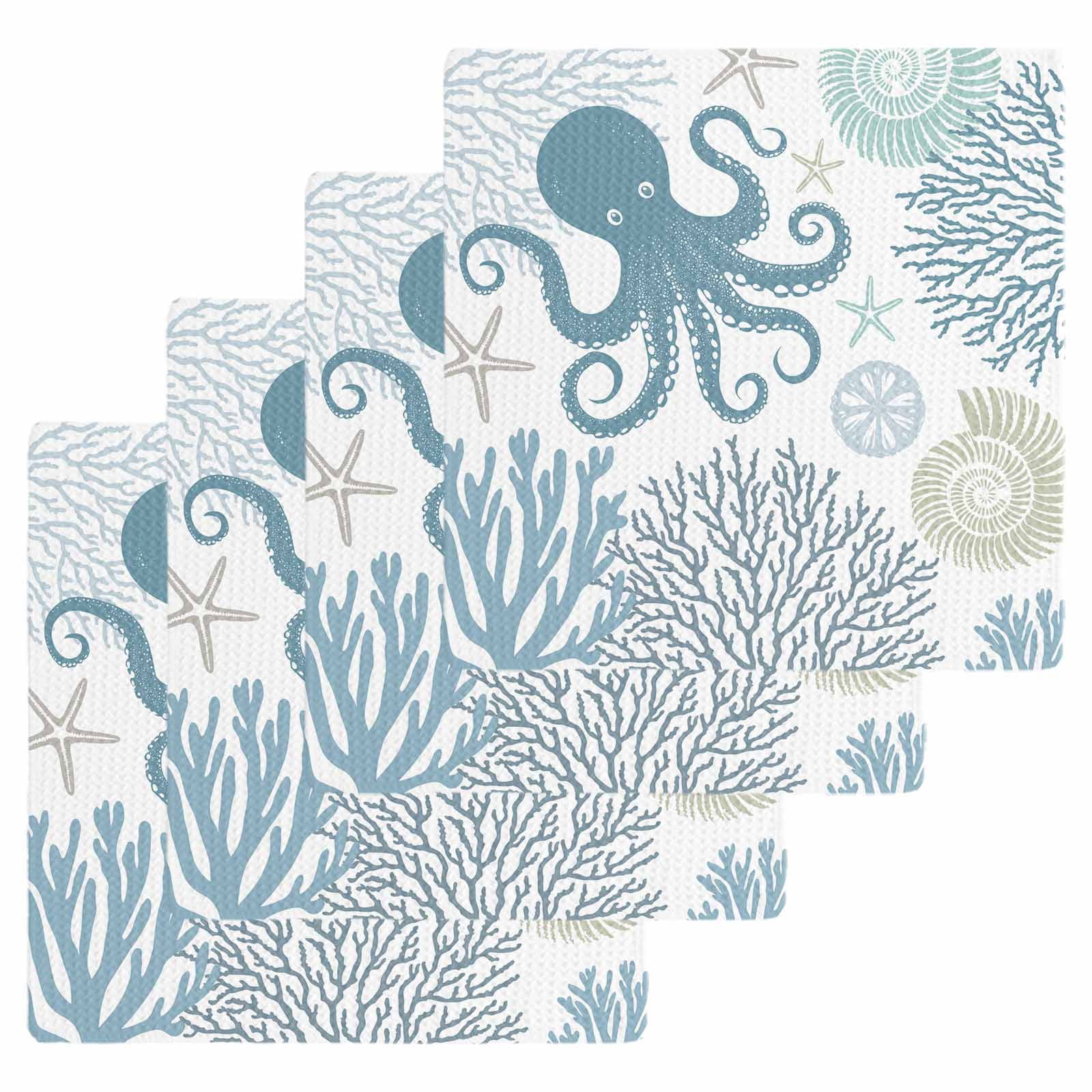Blue Octopus Coastal Kitchen Dish Towels for Drying Dishes Set of 4 ...