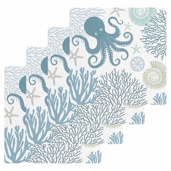 Blue Octopus Coastal Kitchen Dish Towels for Drying Dishes Set of 4 ...
