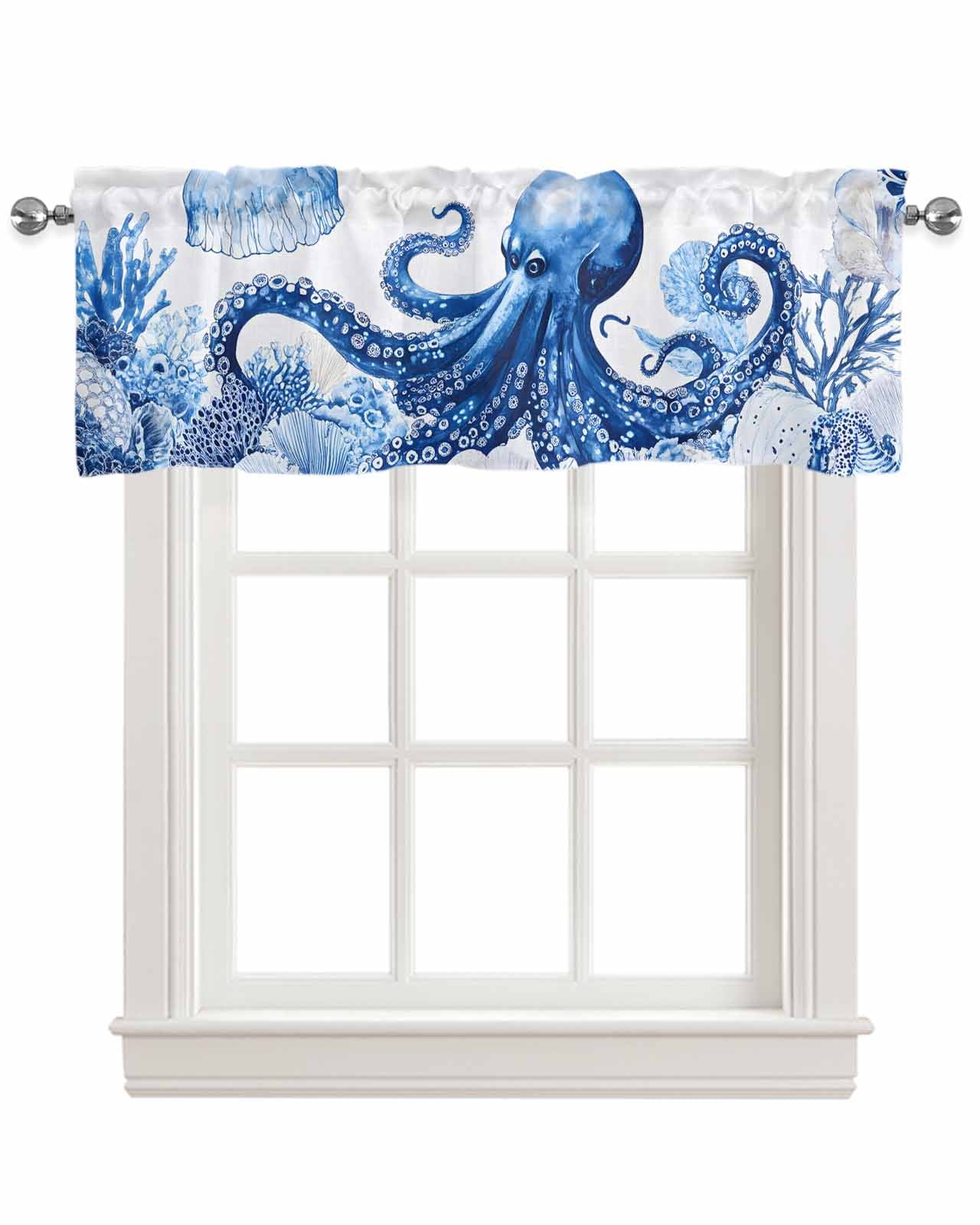 Blue Octopus Coastal Kitchen Valances for Windows Farmhouse Linen ...