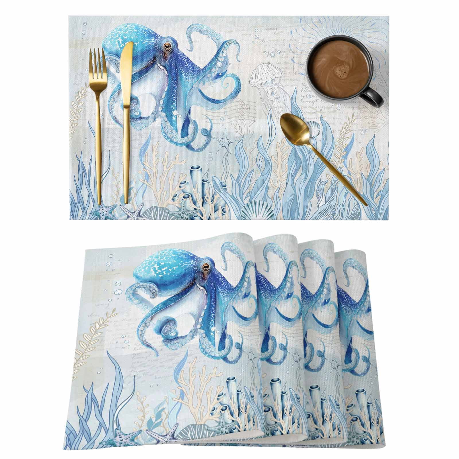Blue Octopus Coastal Placemats Set of 12, Coral Summer Beach Nautical ...