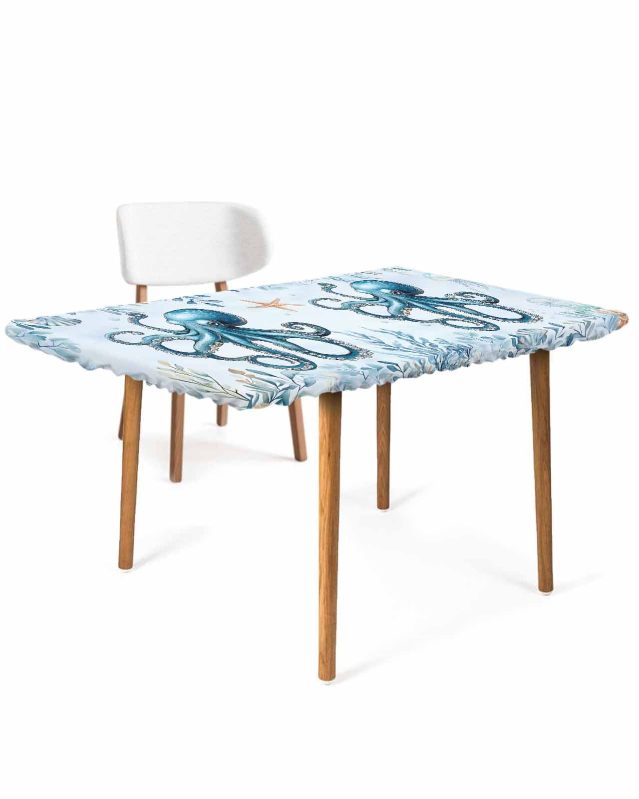 Blue Octopus Coastal Rectangle Tablecloth, Waterproof Elastic Fitted ...