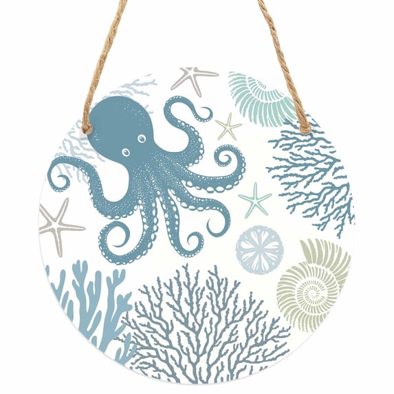 Blue Octopus Coastal Round Front Door Welcome Sign, 5.9 Inch Wall ...