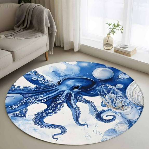 Blue Octopus Coastal Round Rug 4ft Washable Circle Entryway Rugs Non ...