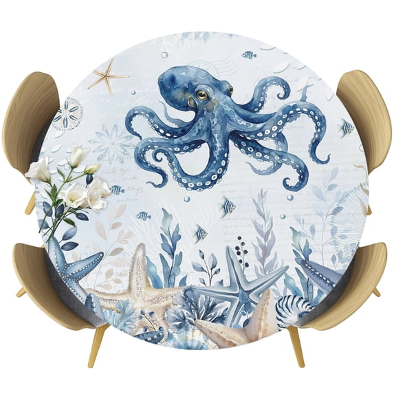 Blue Octopus Coastal Round Tablecloth 36-44 Inch Round Fitted Table ...