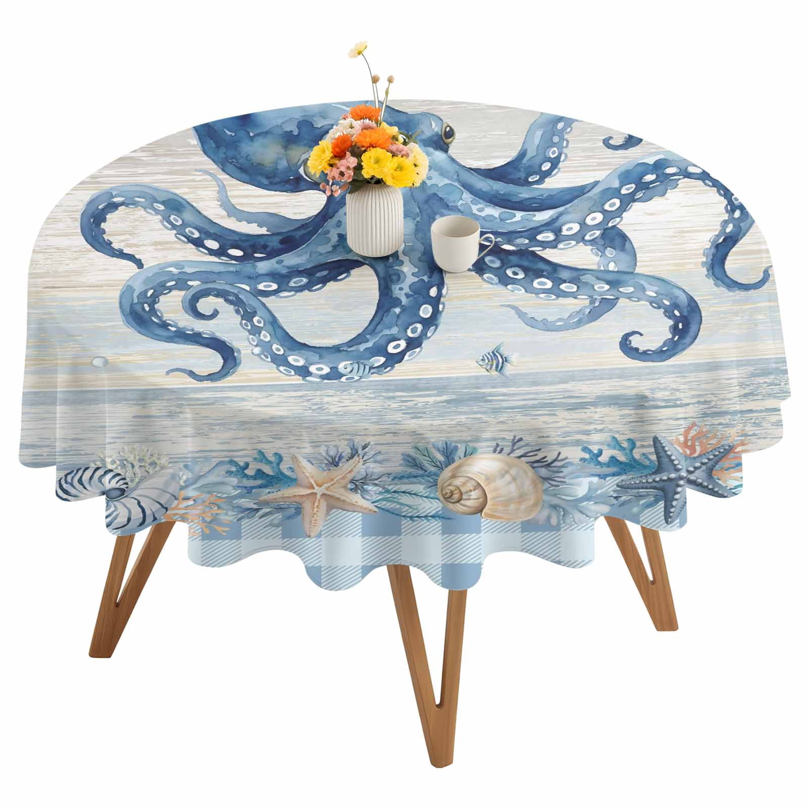 Blue Octopus Coastal Round Tablecloth 60 inches Summer Starfish Beach ...