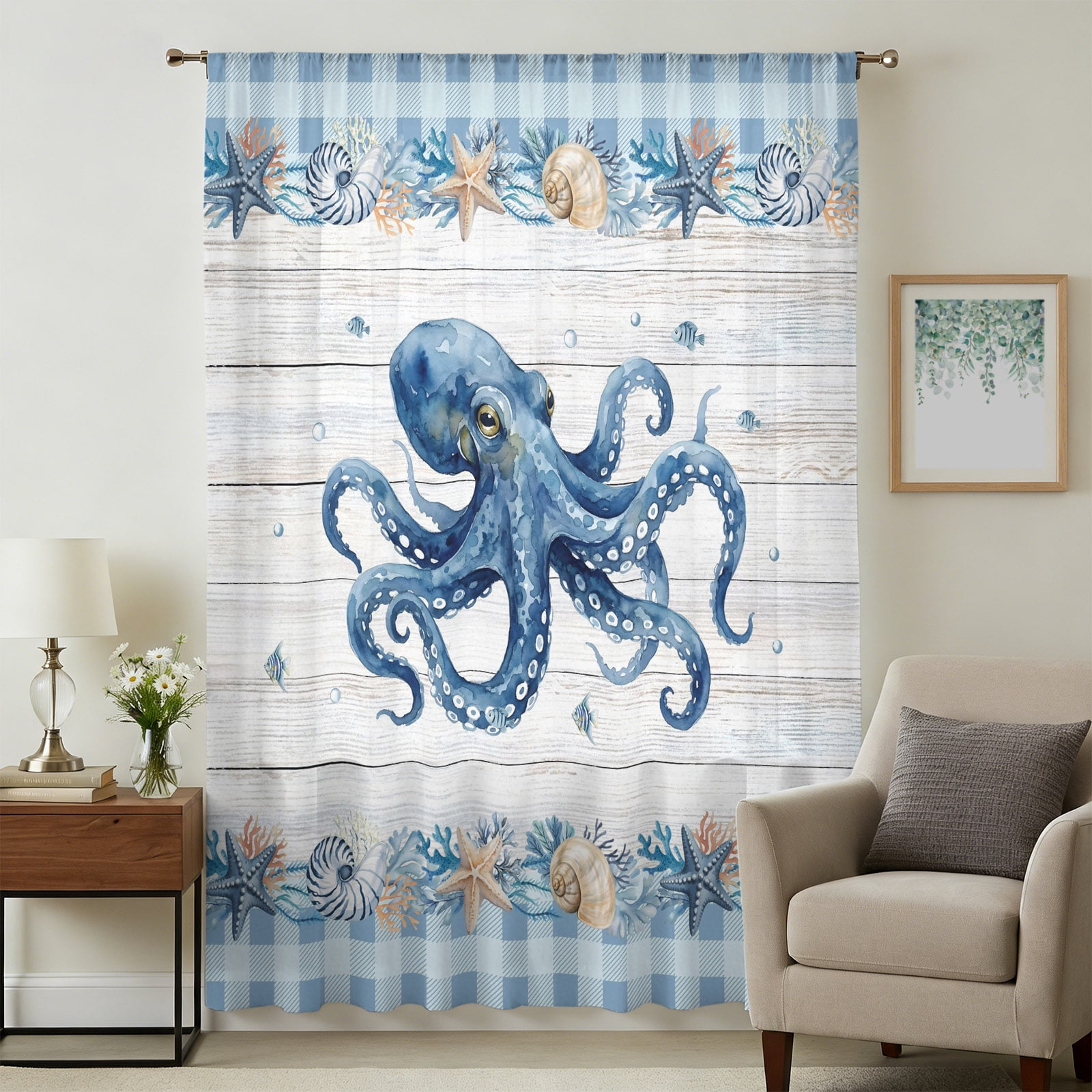 Blue Octopus Coastal Sheer Curtains 54 Inches Long for Bedroom, Summer ...
