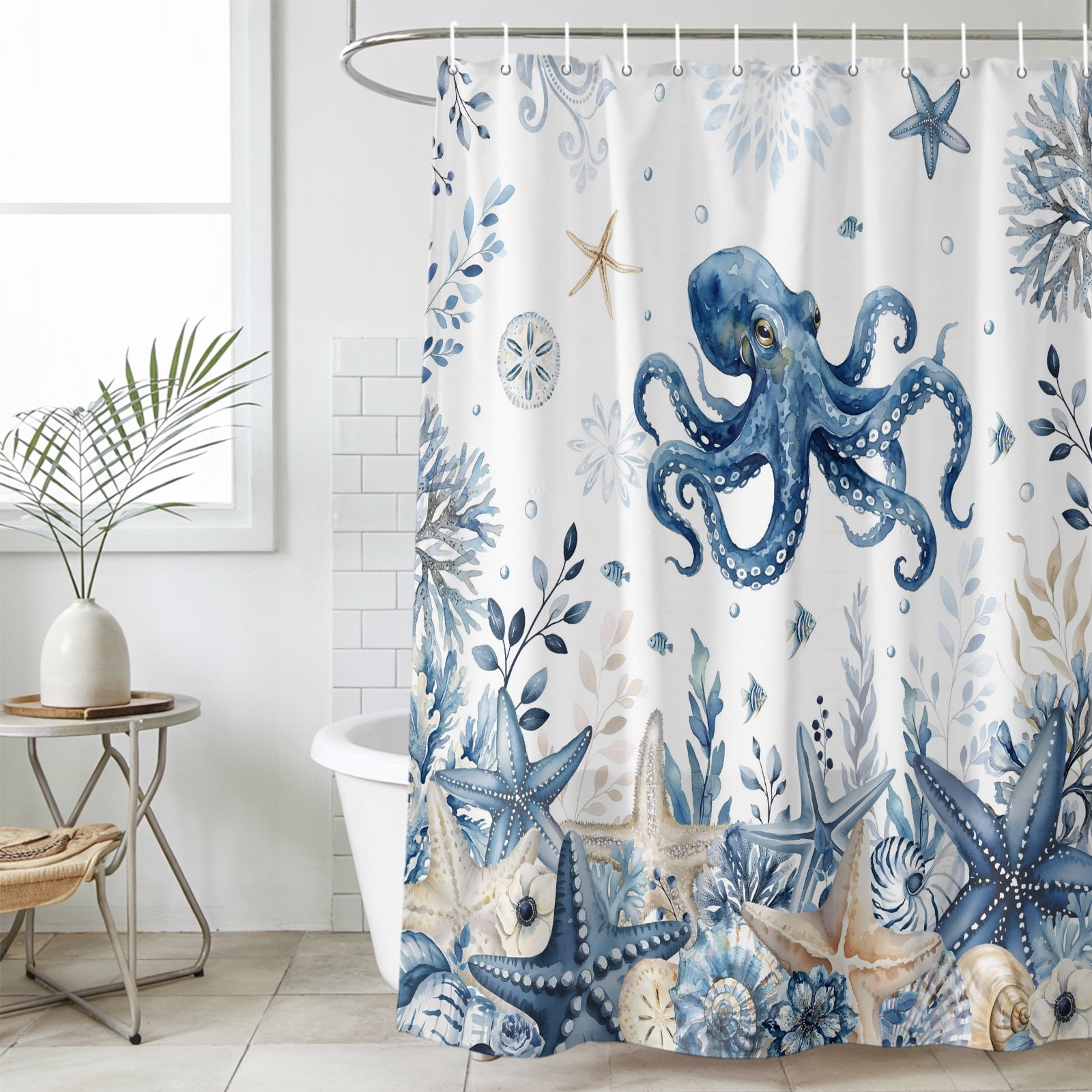 Blue Octopus Coastal Shower Curtain Set, Waterproof Shower Curtains for ...