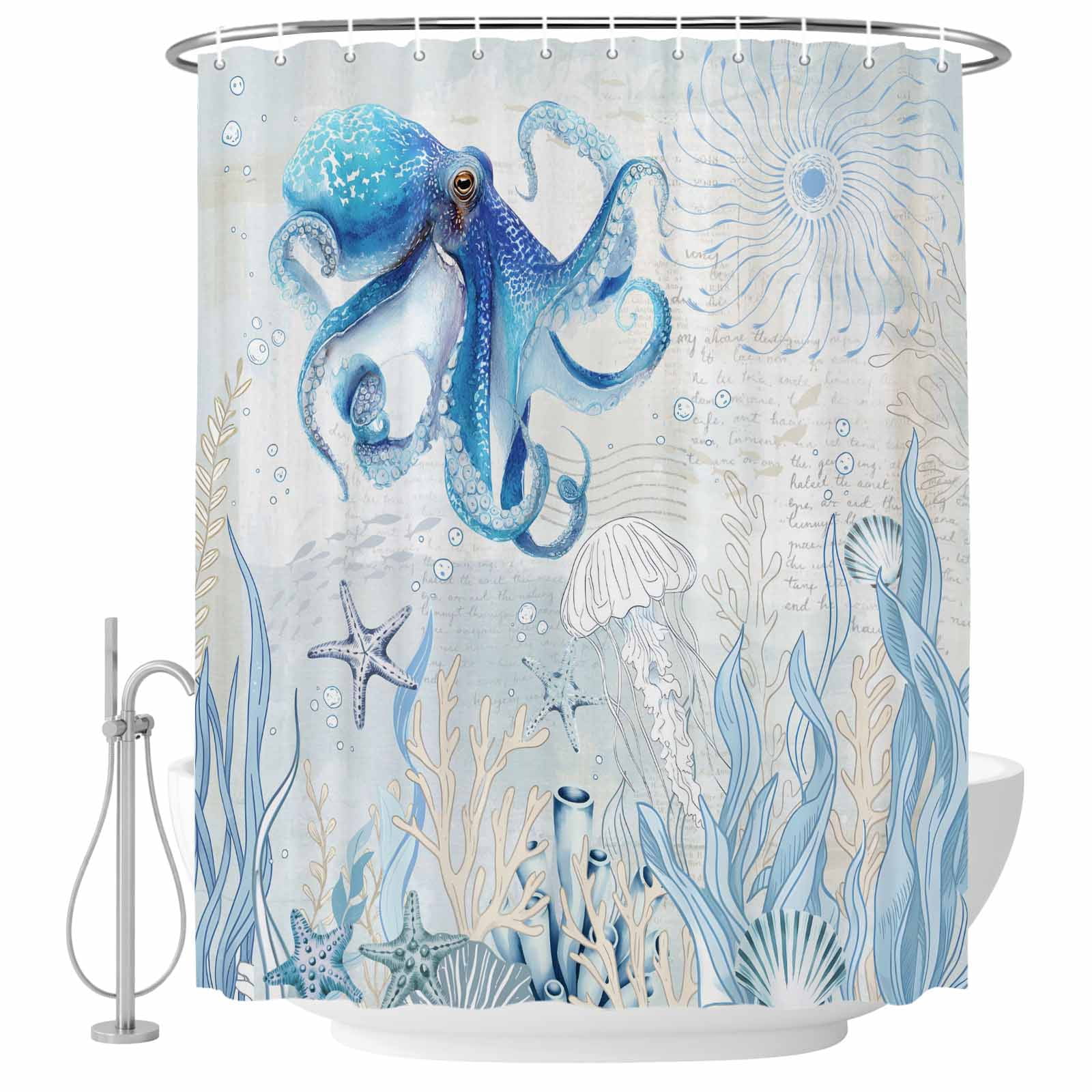 Blue Octopus Coastal Shower Curtain, Waterproof Shower Curtains for ...
