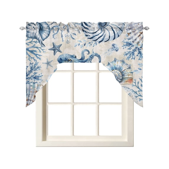 Blue Octopus Coastal Swag Curtains for Kitchen Summer Beach Coral Conch ...