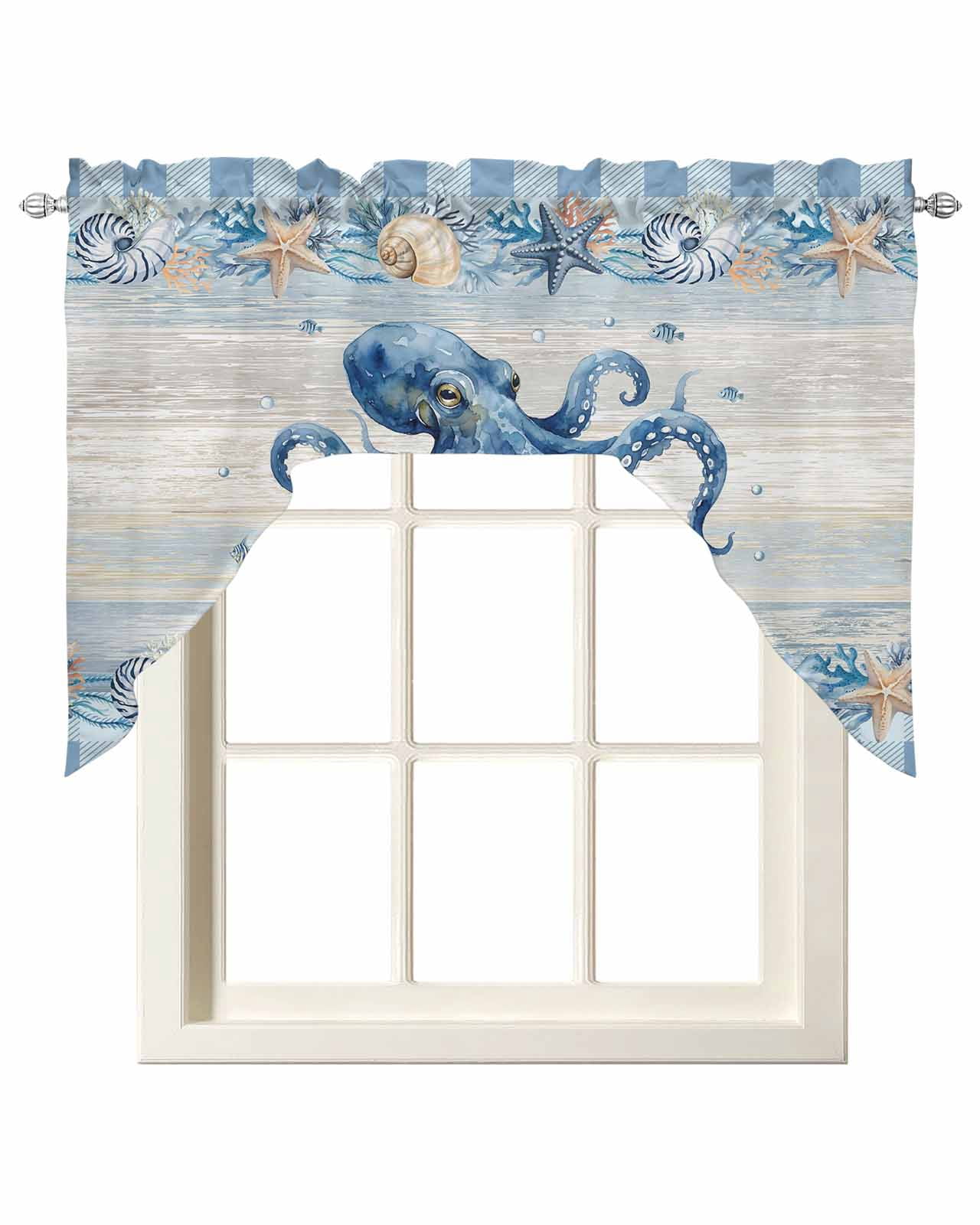 Blue Octopus Coastal Swag Curtains for Kitchen Summer Beach Coral ...