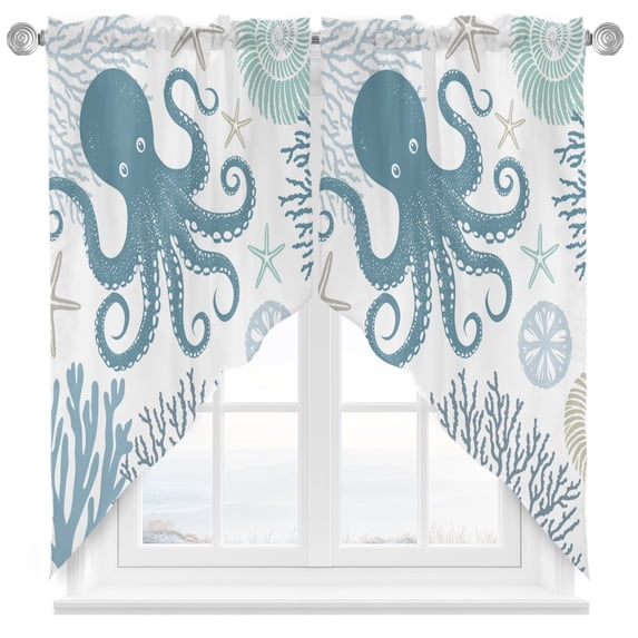 Blue Octopus Coastal Swag Curtains Valance For Kitchen Windows, Summer ...