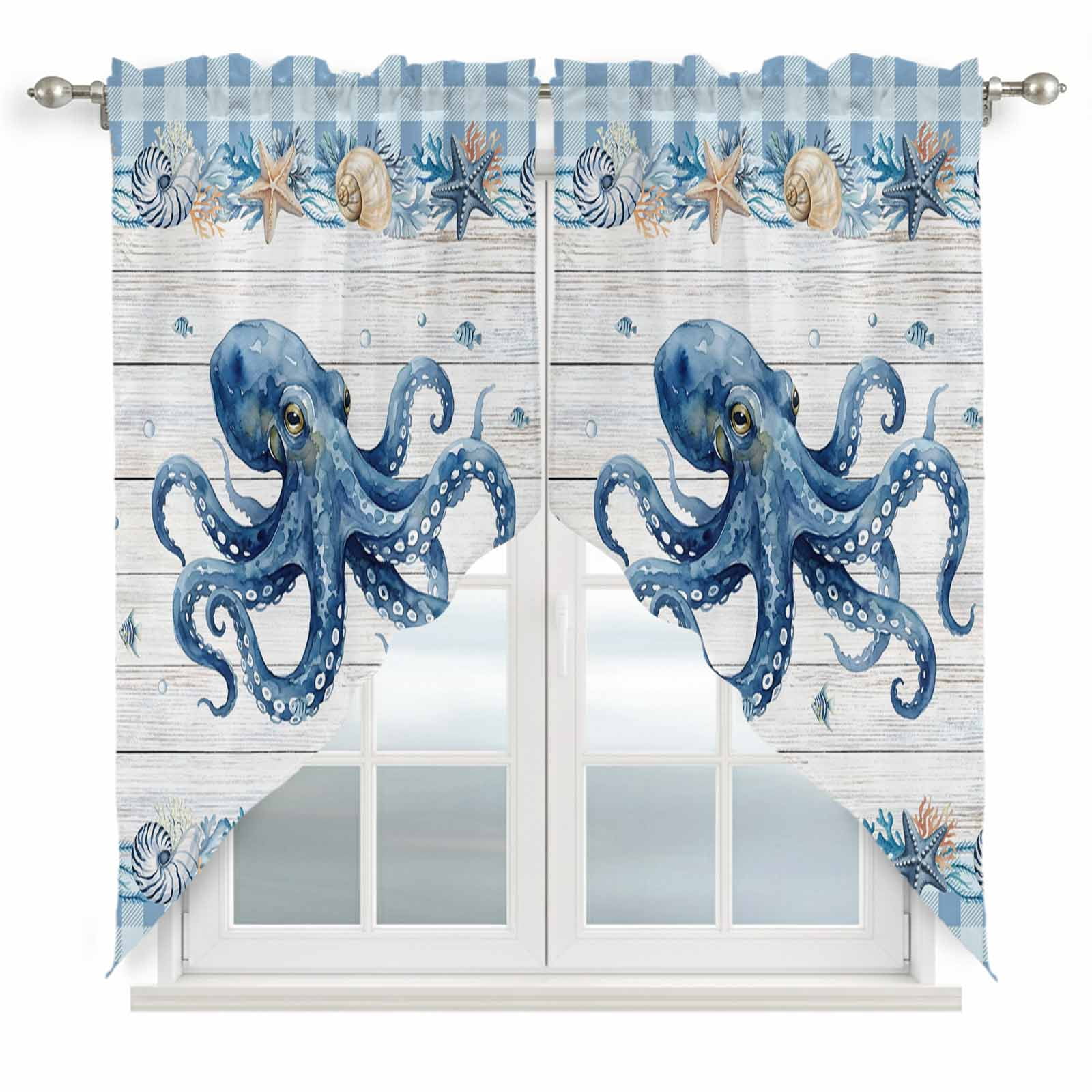 Blue Octopus Coastal Swag Valances for Windows 2 Pack Summer Starfish ...