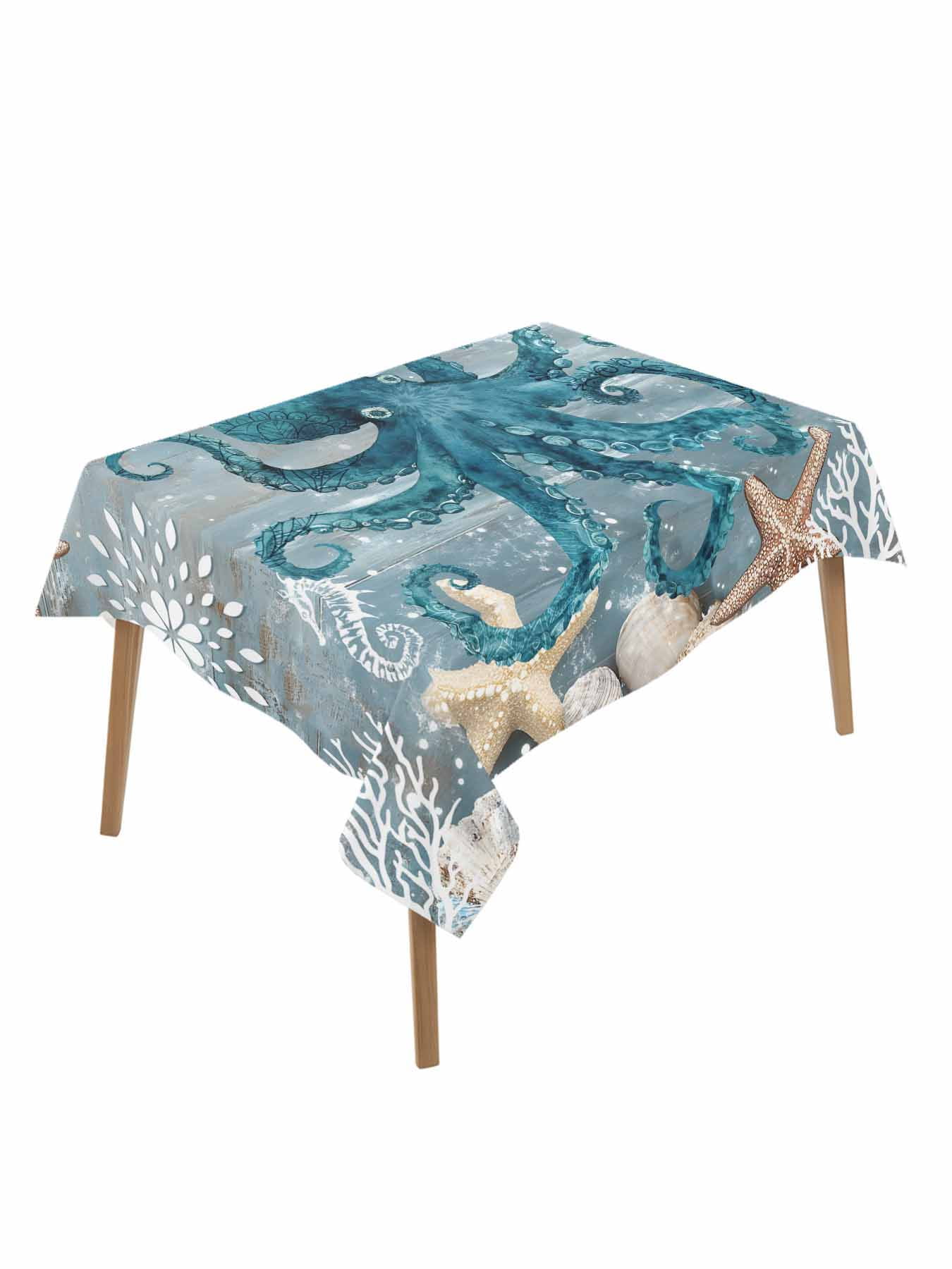 Blue Octopus Coastal Table Cloth, Summer Beach Ocean Starfish Coral ...