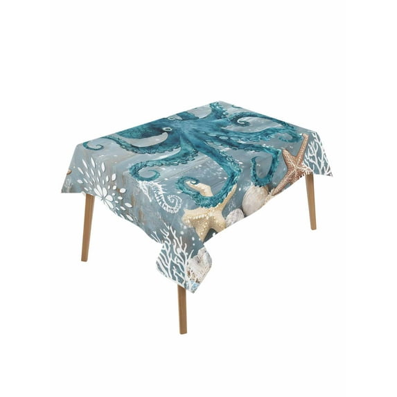 Blue Octopus Coastal Table Cloth, Summer Beach Ocean Starfish Coral ...