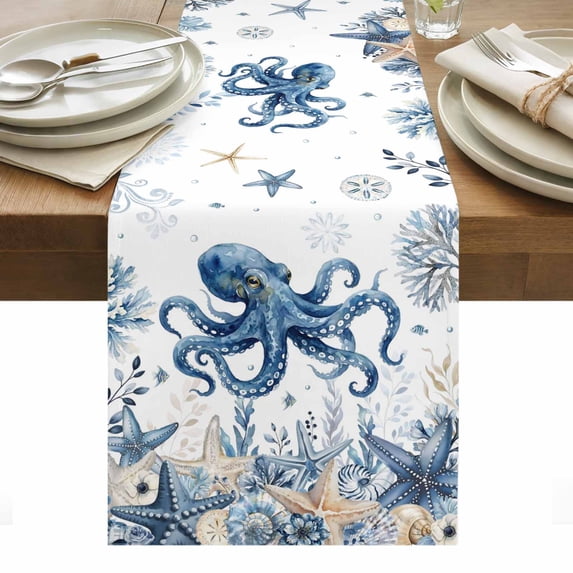 Blue Octopus Coastal Table Runner Beach Starfish Nautical Coral Shell ...