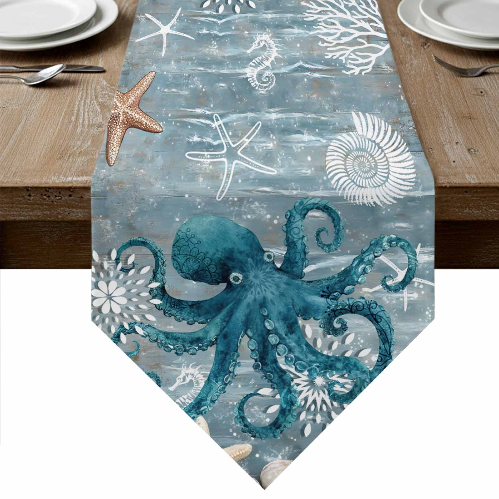 Blue Octopus Coastal Table Runner Linen Burlap Table Runner 108 Inches ...