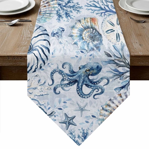 Blue Octopus Coastal Table Runner Linen Burlap Table Runner 72 Inches ...