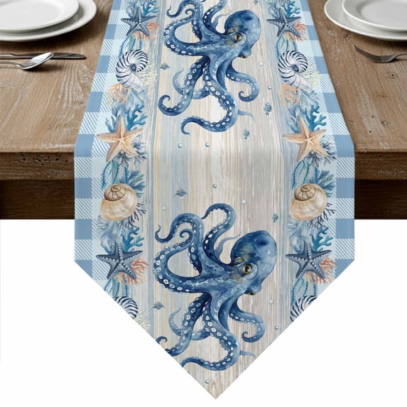 Blue Octopus Coastal Table Runner Linen Burlap Table Runner 72 Inches ...