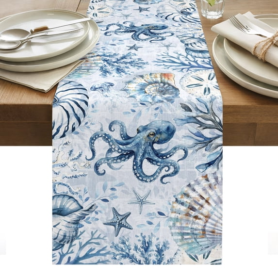 Blue Octopus Coastal Table Runner Summer Beach Coral Conch Shell ...