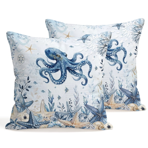 Blue Octopus Coastal Throw Pillow Covers 16 x 16 Inch Pillow Covers Set ...