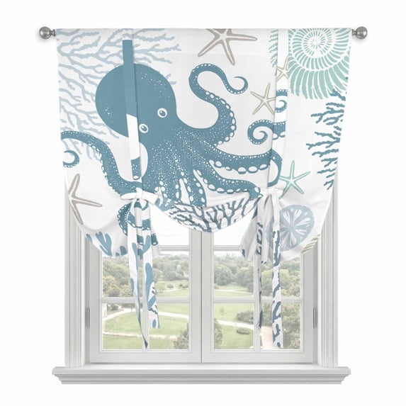 Blue Octopus Coastal Tie Up Curtains for Small Windows,Adjustable Rod ...