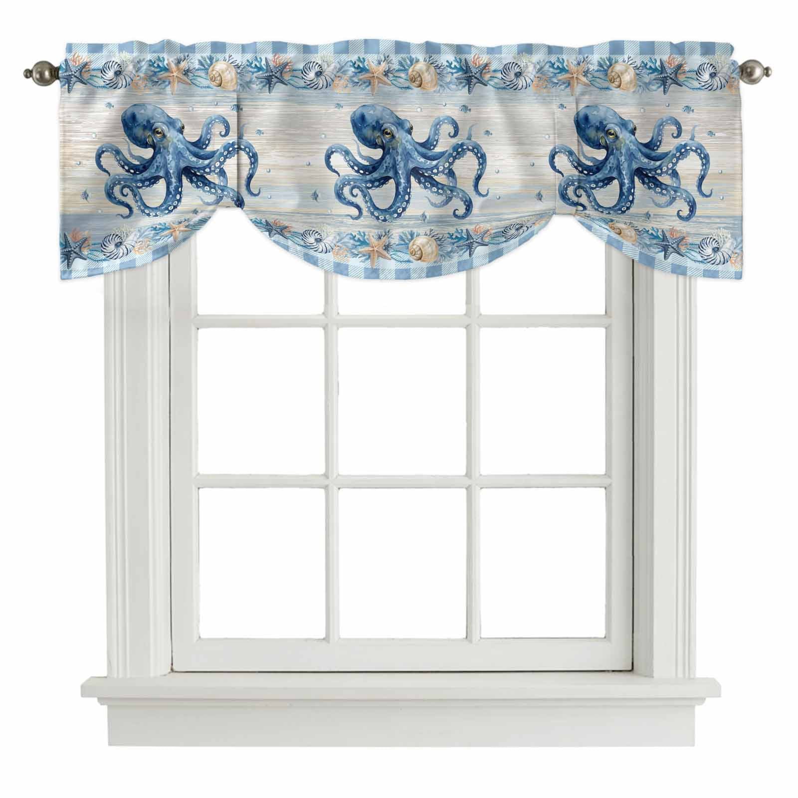Blue Octopus Coastal Tie Up Valance Curtains Summer Starfish Beach ...