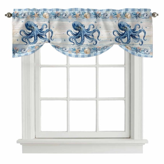 Blue Octopus Coastal Tie Up Valance Curtains Summer Starfish Beach ...
