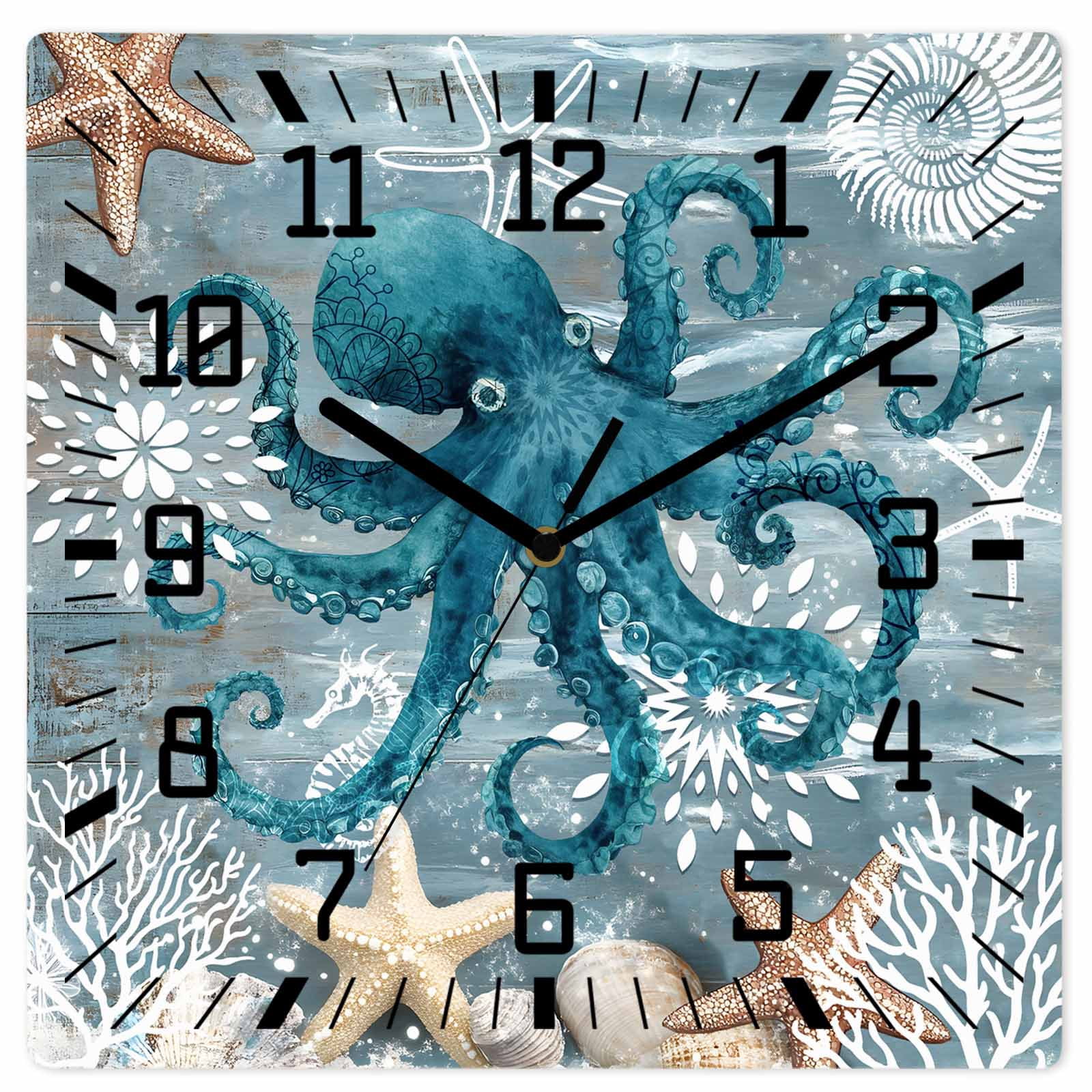 Blue Octopus Coastal Wooden Wall Clock Silent Non Ticking, Summer Beach ...