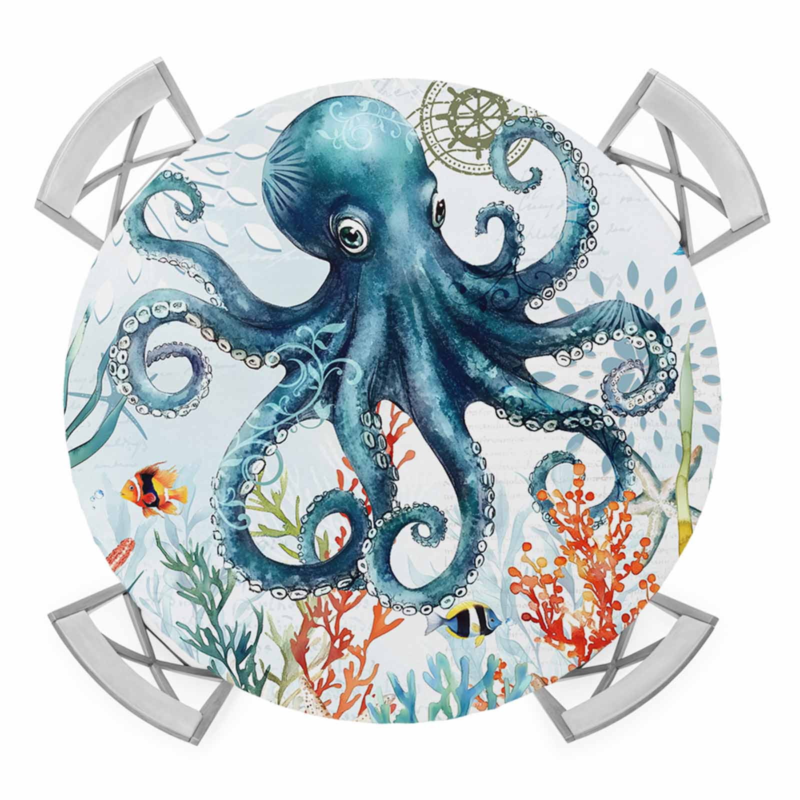 Blue Octopus Coral Seagrass Elastic Fitted Round Table Cover Fish Ocean ...