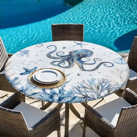 Blue Octopus Coral Shells Starfish Conch Round Fitted Tablecloth with ...