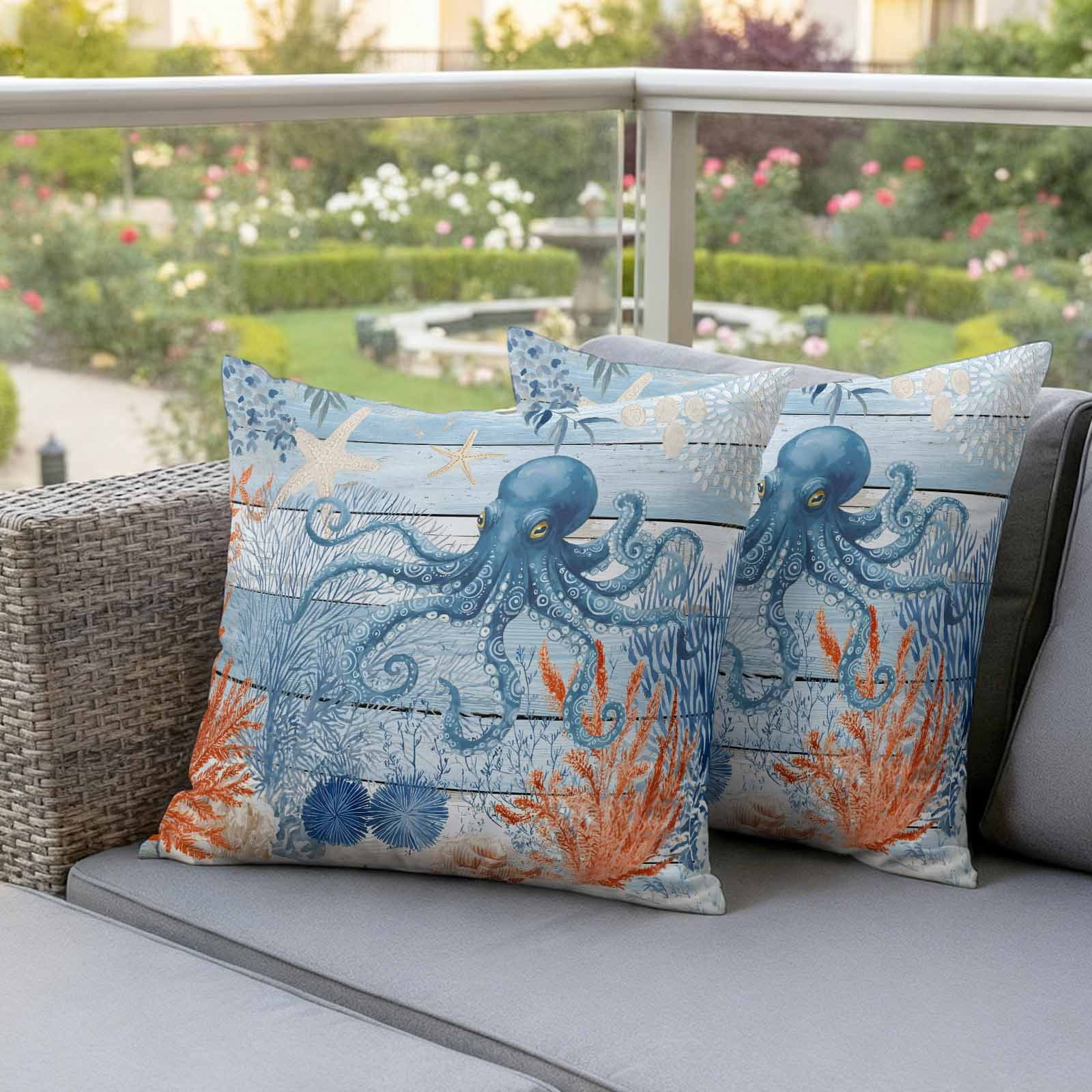 Blue Octopus Coral Starfish Waterproof Throw Pillow Covers Set of 2 ...