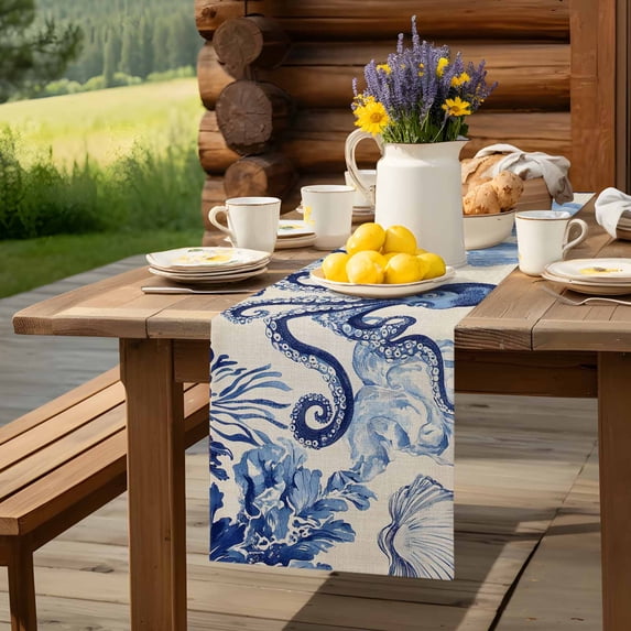 Blue Octopus Coral on Vintage Linen Table Runner 60 Inch Long Marine ...