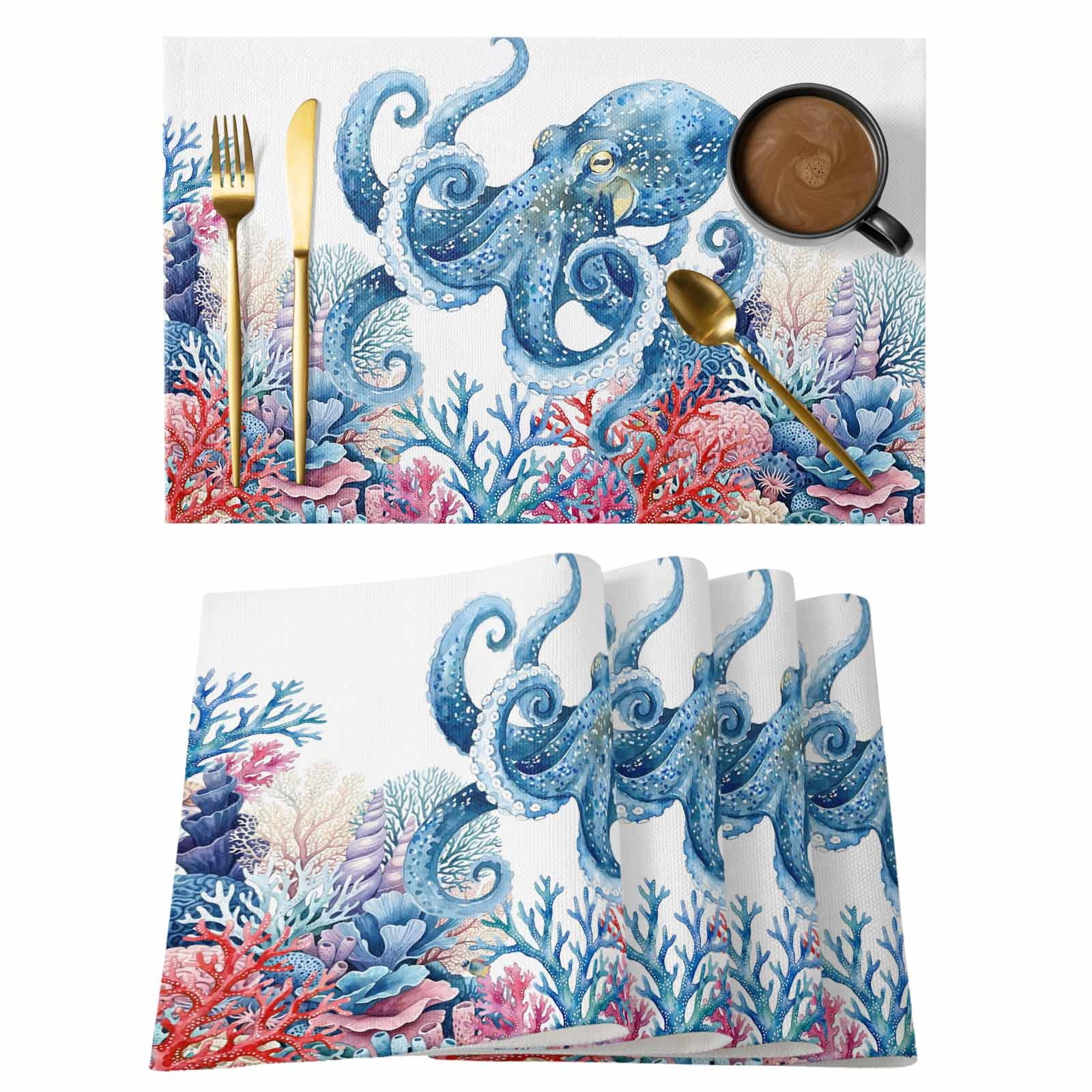 Blue Octopus Cotton Linen Placemats Set of 2, Red Coral Shell Ocean ...