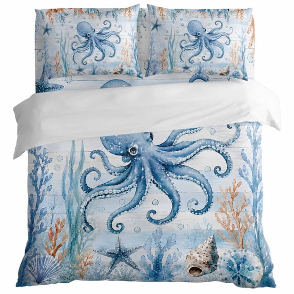 Blue Octopus Duvet Cover Set Full Size, Nautical Coastal Shell Bubble ...