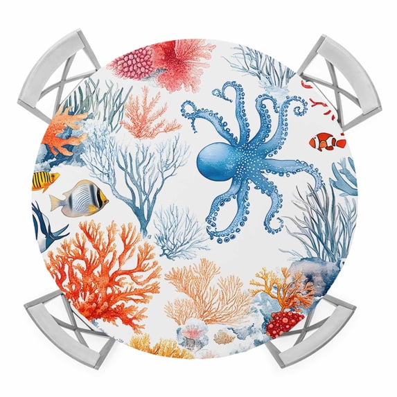 Blue Octopus Elastic Fitted Round Table Cover Coral Starfish Shells ...