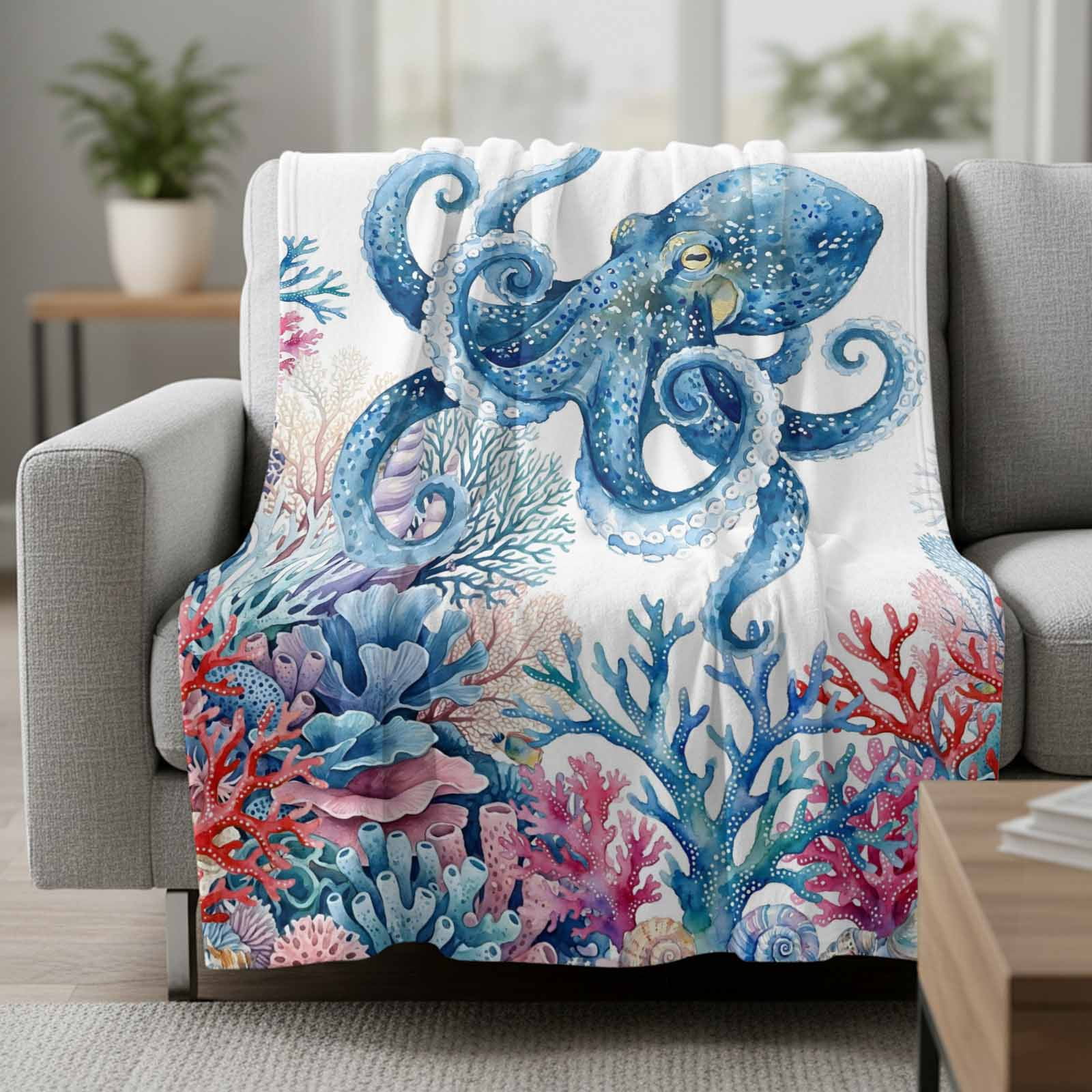 Blue Octopus Fleece Throw Blanket Red Coral Shell Ocean Life Summer ...