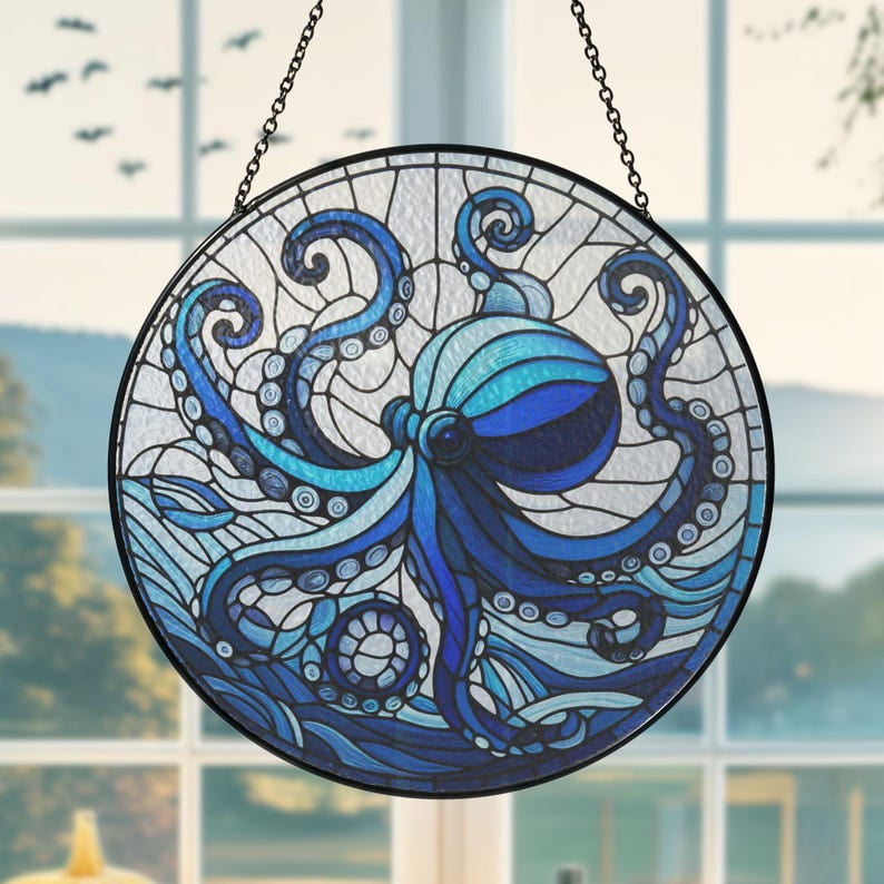 Blue Octopus GLASS Hanging, Octopus Window hanging, Suncatcher ornament ...