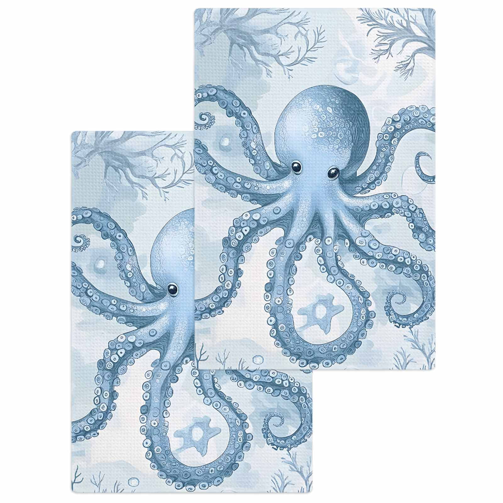 Blue Octopus Hand Towels Set, Waffle Weave Kitchen Towels 2 Pieces ...
