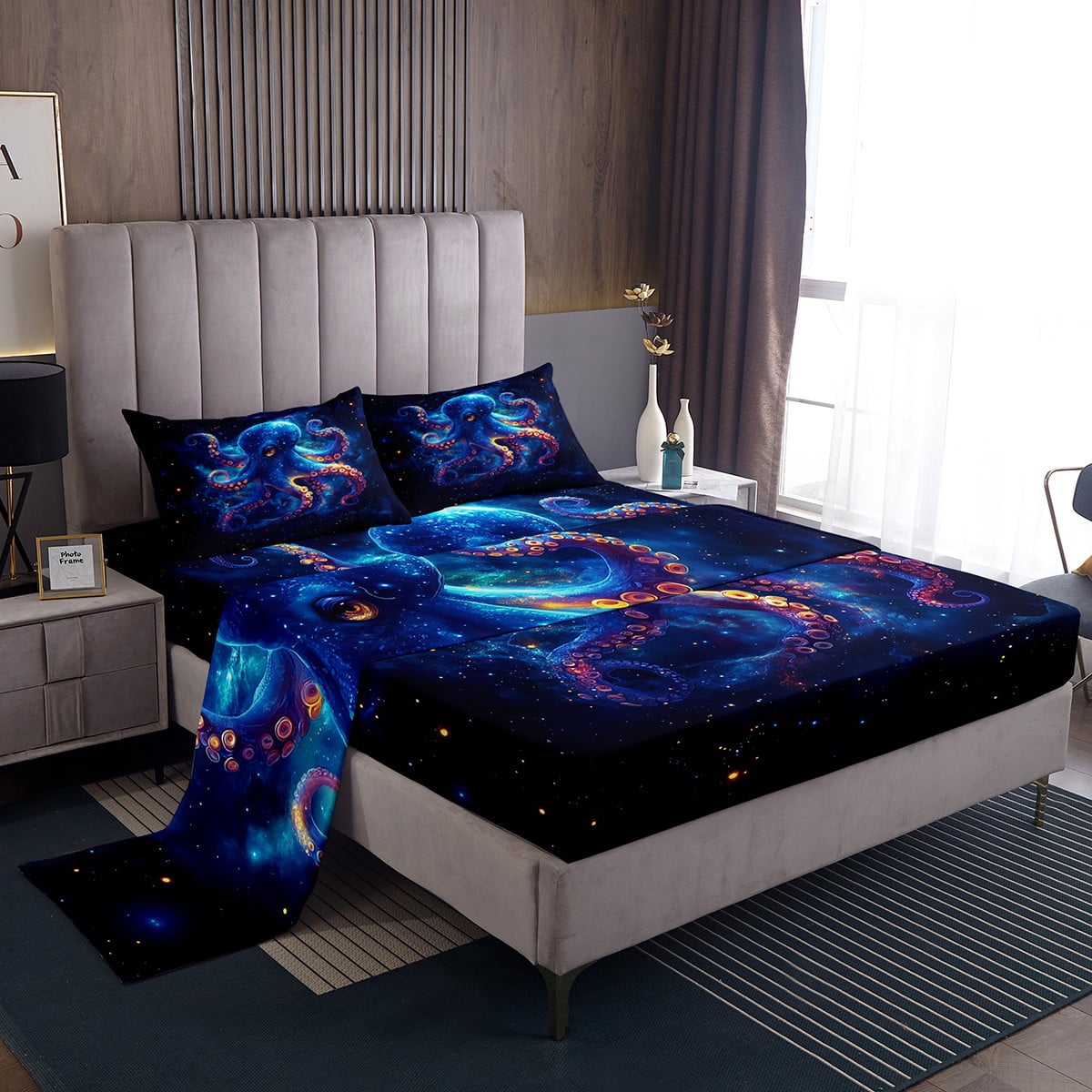 Blue Octopus King Bed Sheets Set Galaxy Decor Glitter Sheet Set,Coastal ...