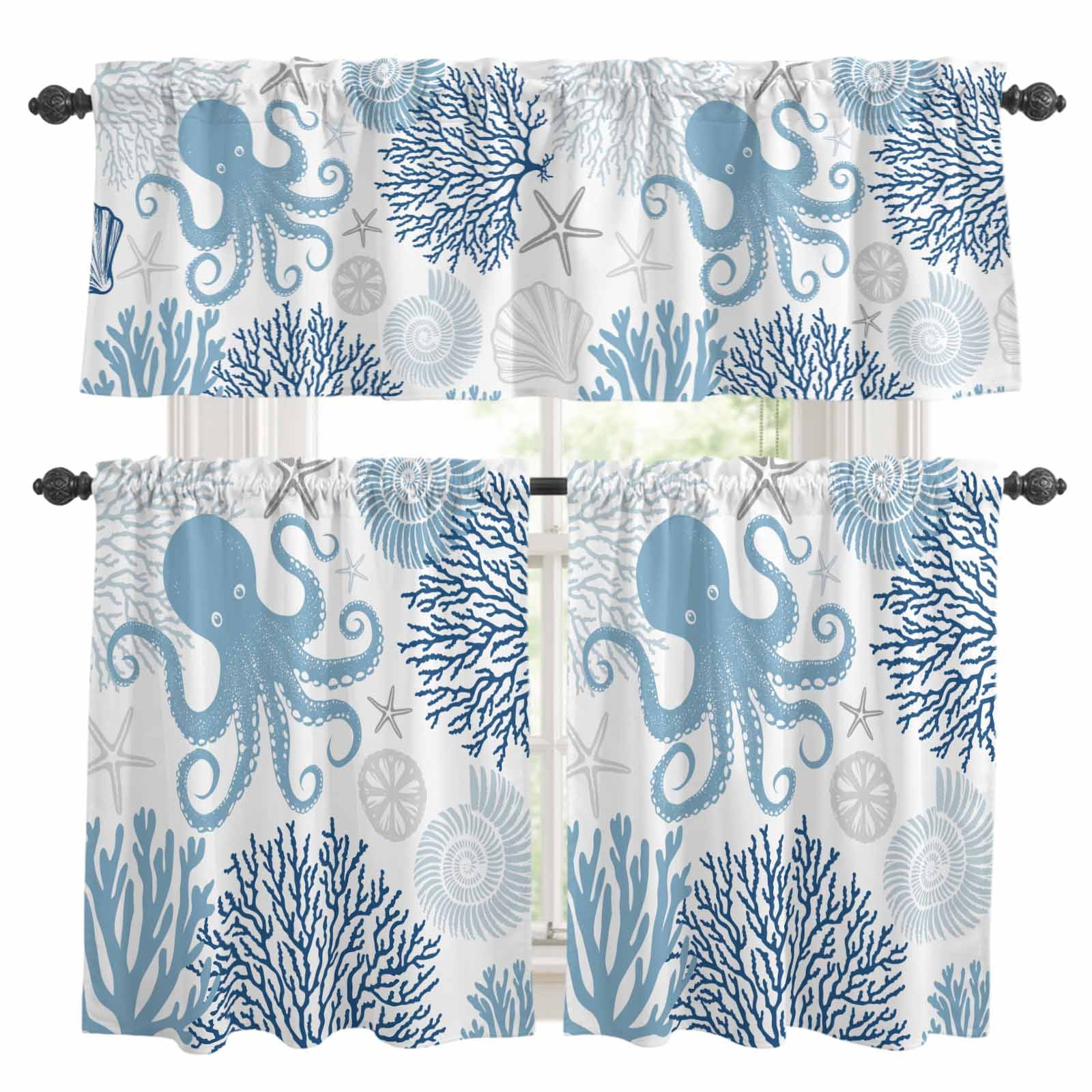 Blue Octopus Kitchen Curtains Set for Windows, Ocean Starfish Coral ...