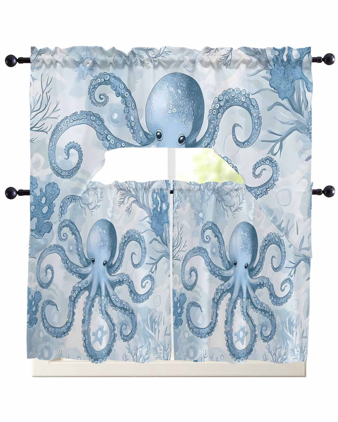 Blue Octopus Kitchen Curtains Swag Valance and Tier Curtains Set 36 ...
