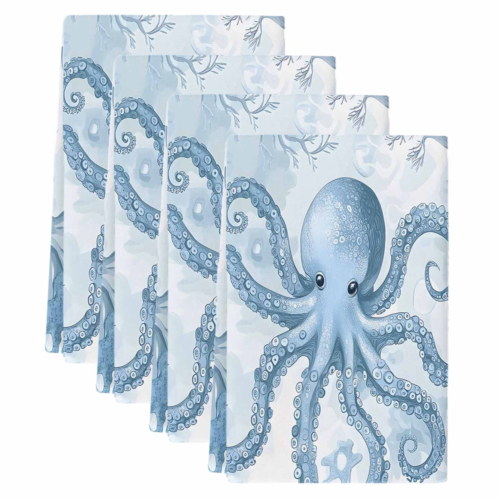 Blue Octopus Kitchen Towels Set of 4, Summer Watercolor Ocean Coral ...
