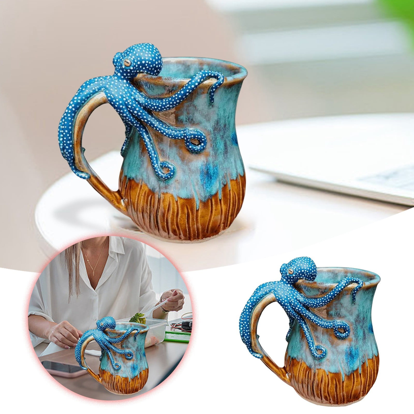 Blue Octopus Mug With Handle 3D Octopus Ceramic Coffee Cup Handmade Tea ...